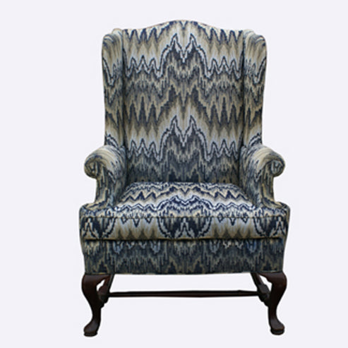 Traditional Wing Back Chair Blue Flame Print Fabric – Metro Retro Furniture
